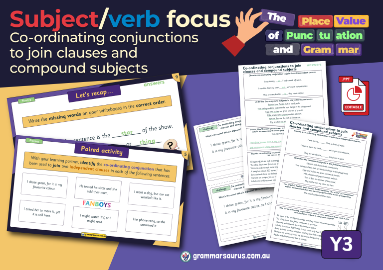 Year 3 Place Value of Punctuation and Grammar – Subject/verb focus – Co-ordinating conjunctions ...